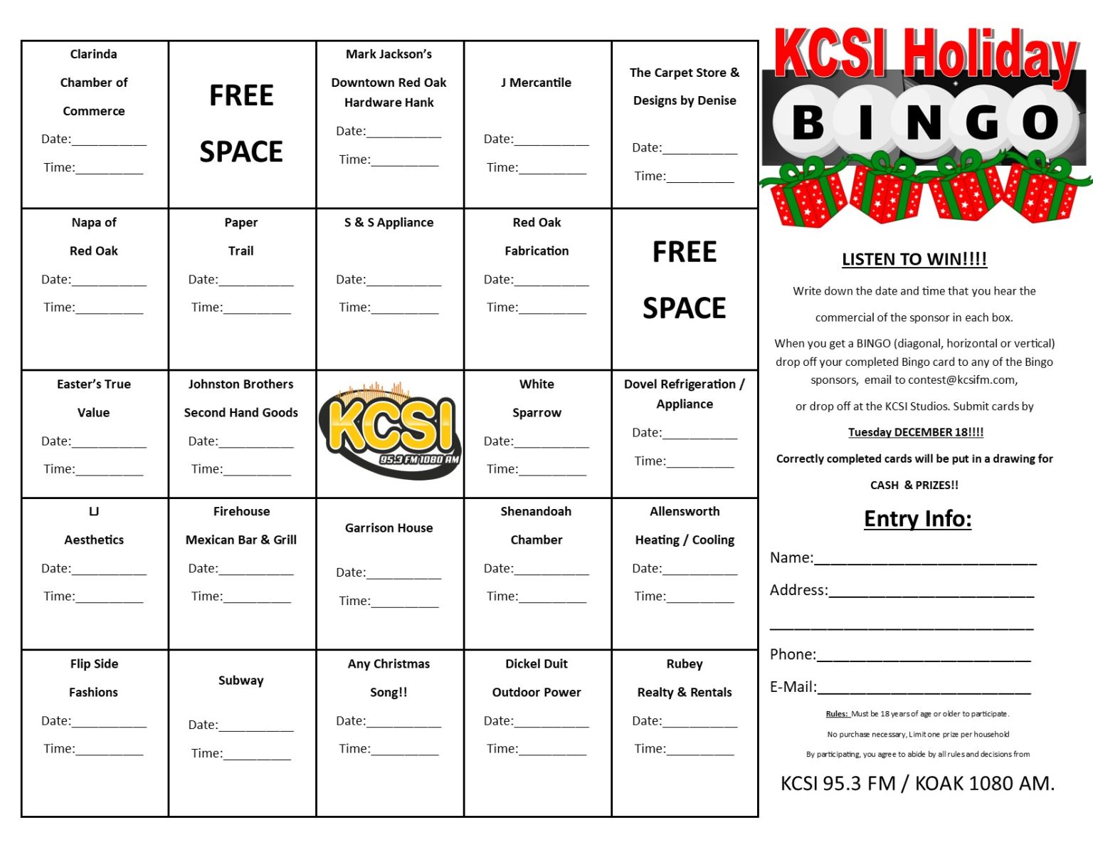 Listen to WIN with KCSI's Holiday Bingo! - KCSI 95.3 FM | KOAK 1080 AM
